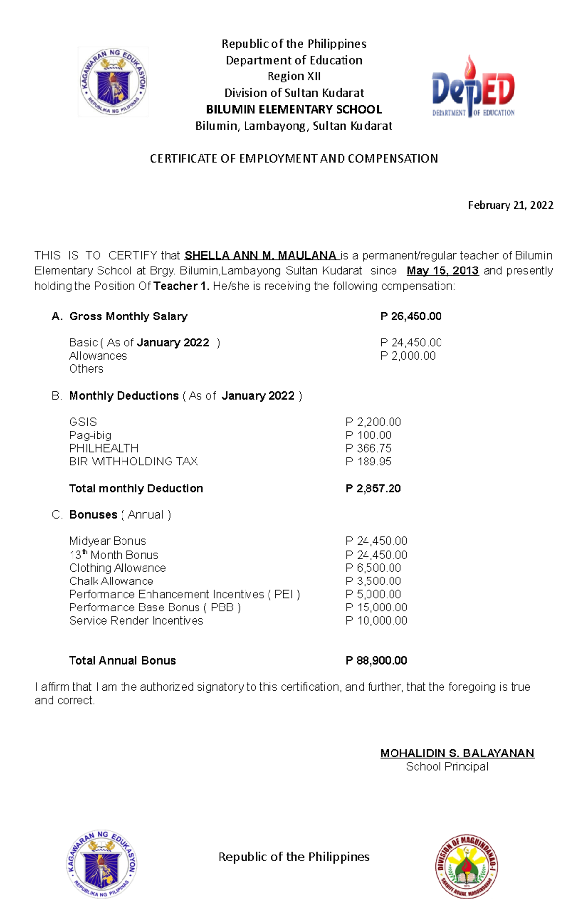 Sample Certificate Of Employment Deped