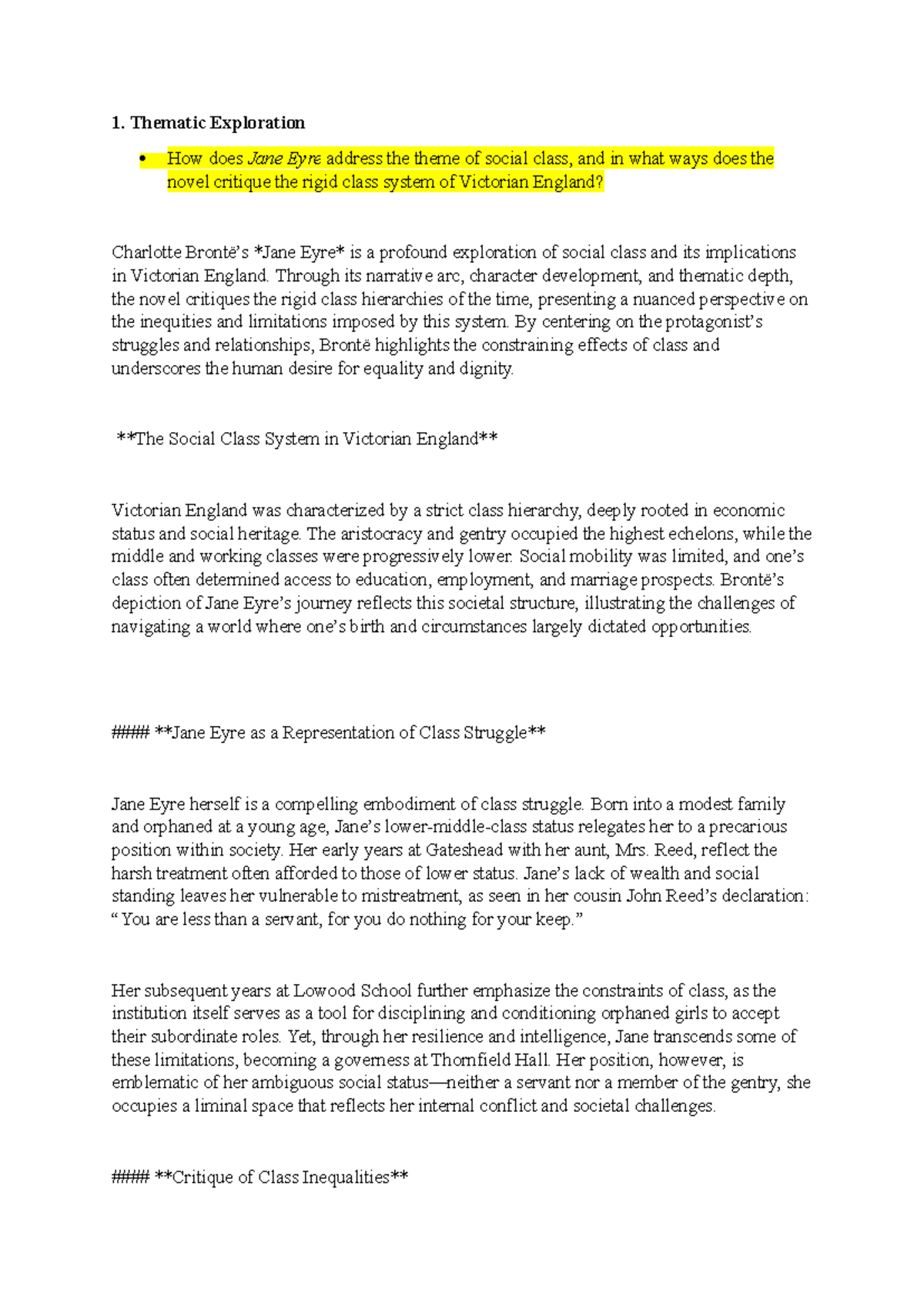 Jane Eyre (ENG 101) - Thematic and Character Analysis Notes - Studocu