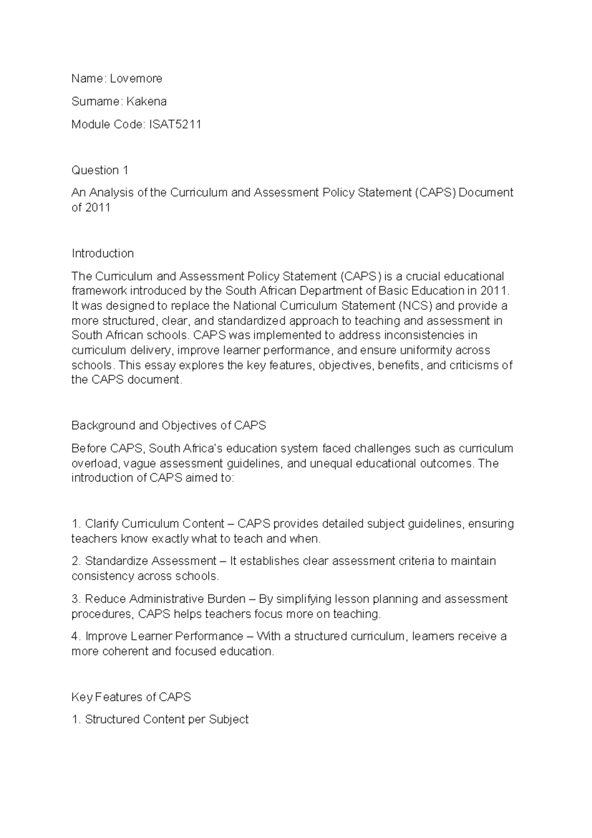 ISAT5211 - Understanding the CAPS Document: Analysis and Insights - Studocu