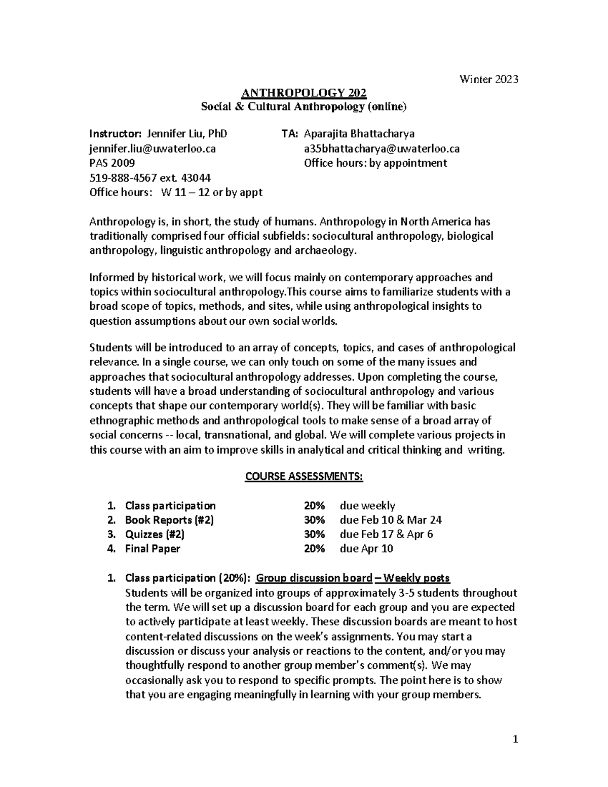 Winter 2023 ANTH 202 Syllabus: Social Cultural Anthropology Overview ...