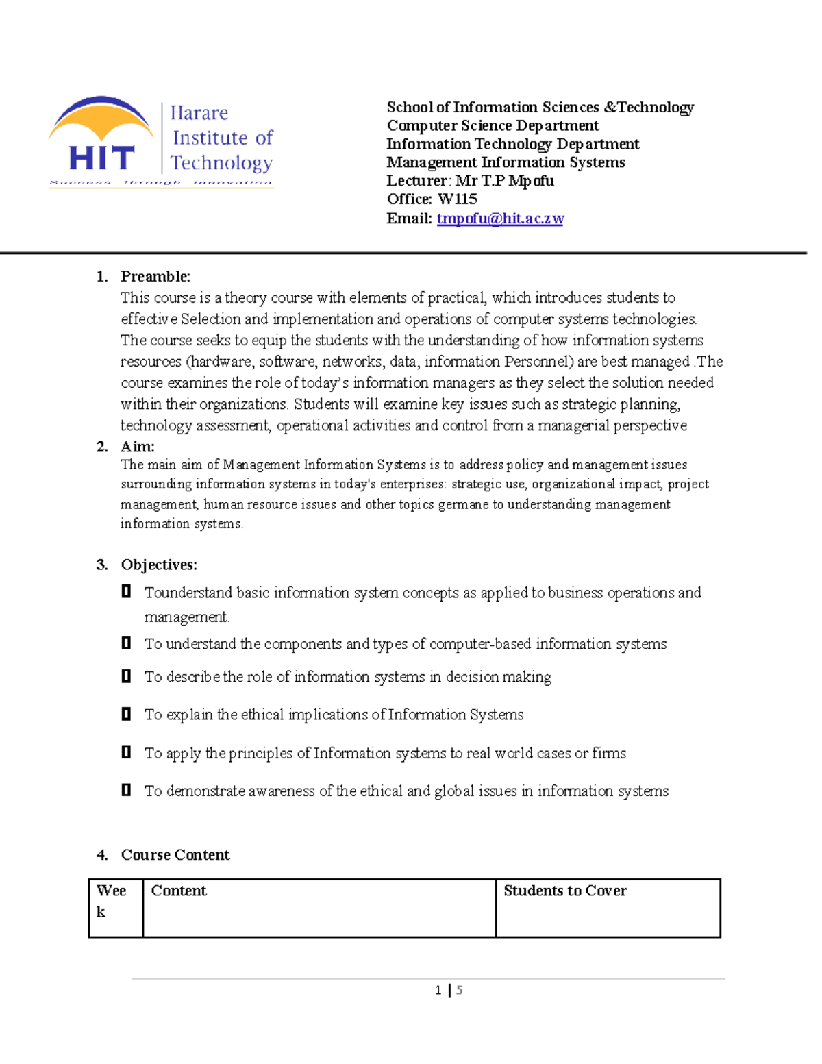 ICS422 Management Information Systems Course Outline and Introduction ...