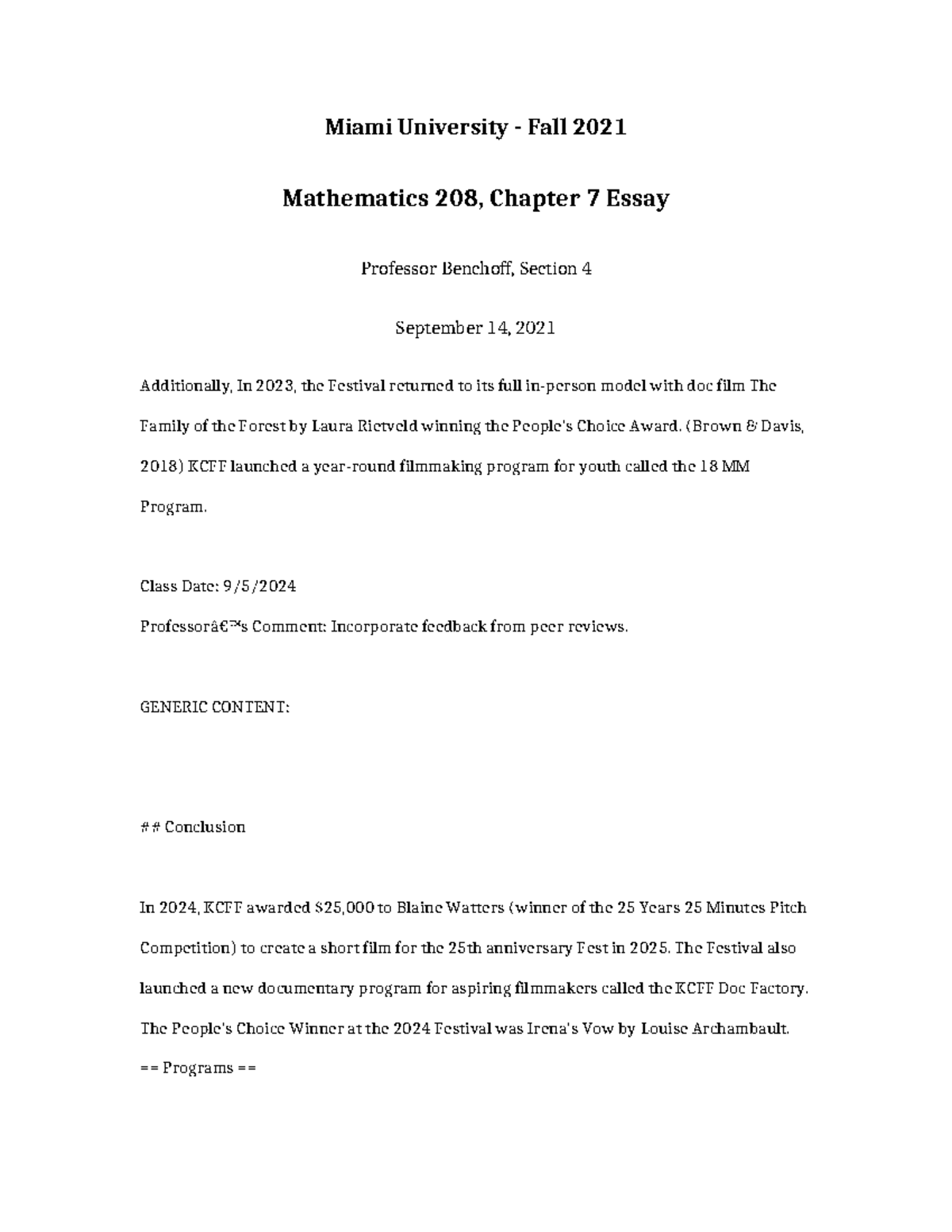 Mathematics 208 Fall 2021, Chapter 7 Essay - Professor Benchoff - Studocu