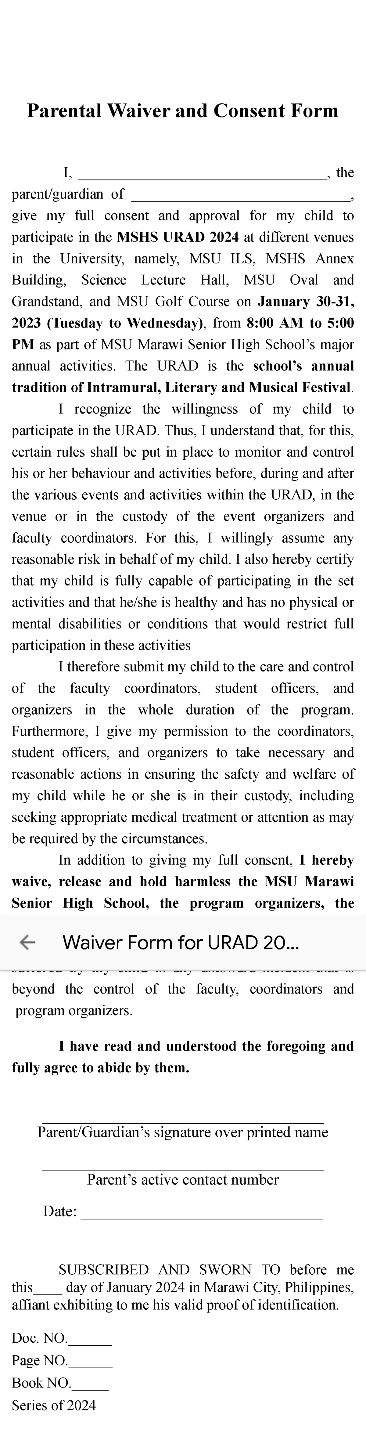 MSHS URAD 2024 Parental Waiver and Consent Form - Studocu