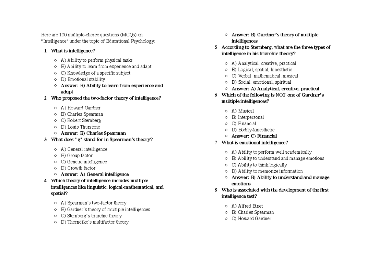 MCQ on Intelligence in Educational Psychology - Objective Questions ...