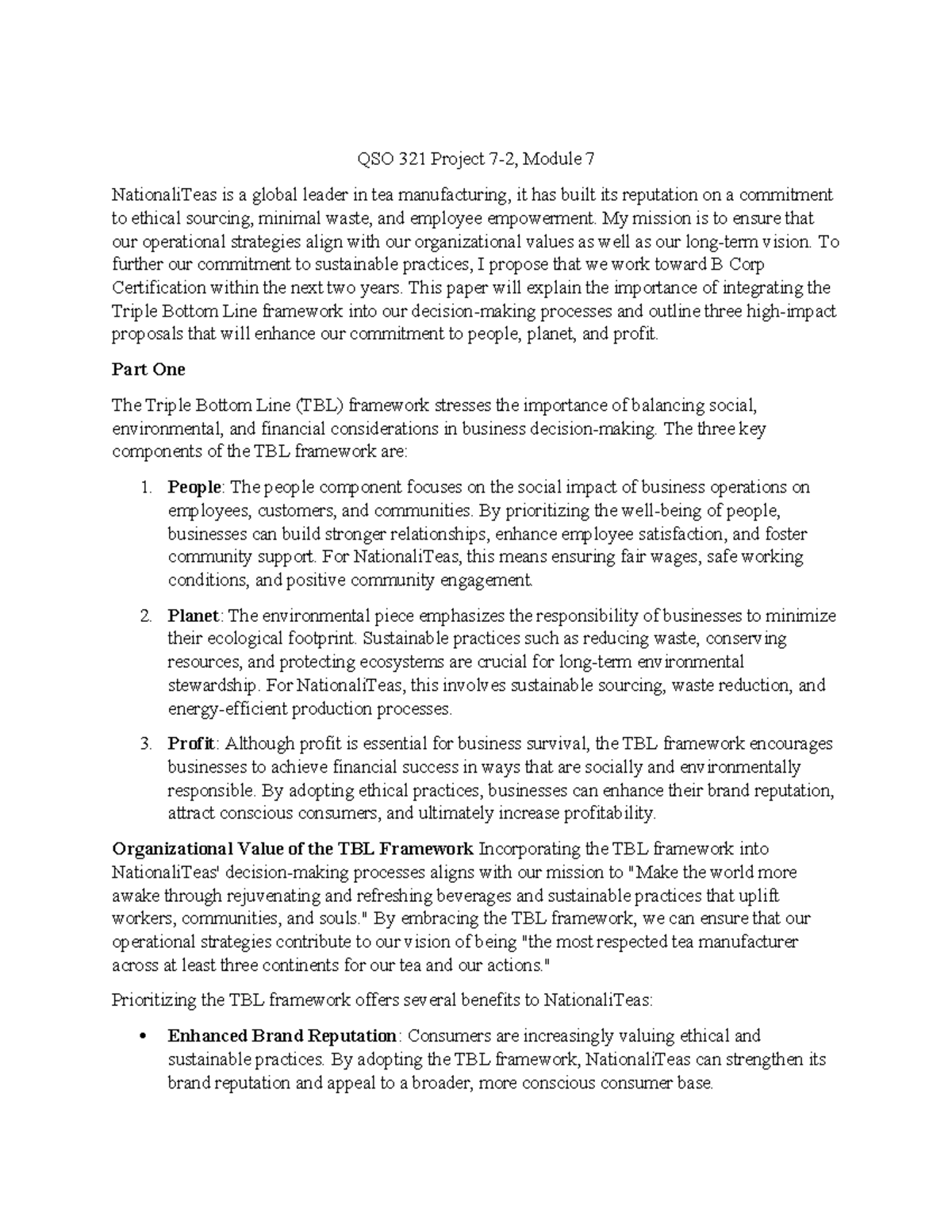 QSO 321 Module 7 - Assignment: Integrating TBL Framework & B Corp Goals ...