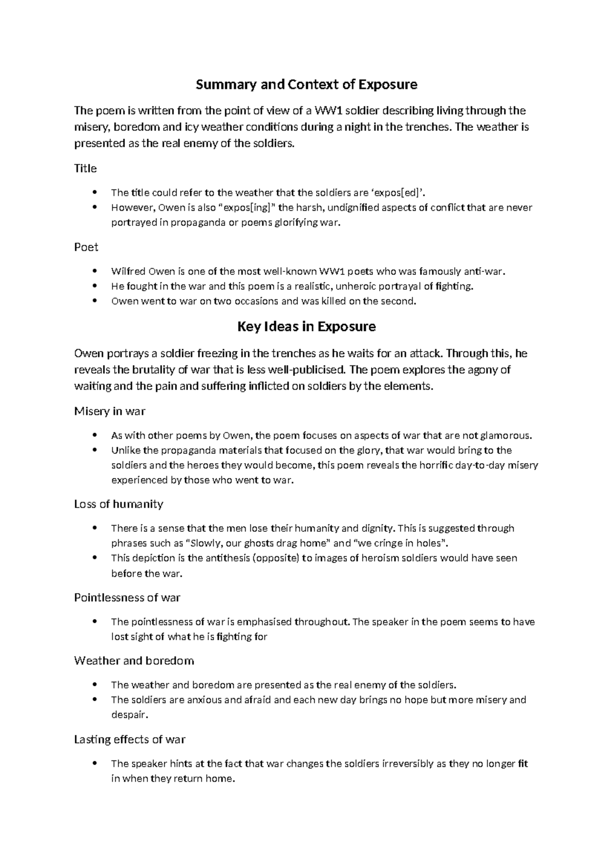 GCSE Exposure Poem Analysis and Key Quotations Summary - Studocu