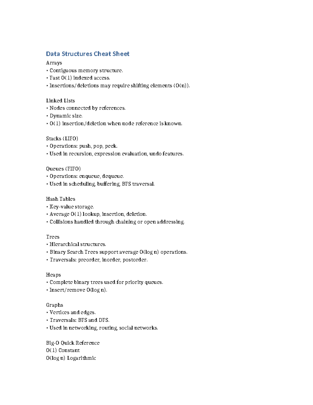 Data Structures Cheat Sheet: Key Concepts & Operations - Studocu