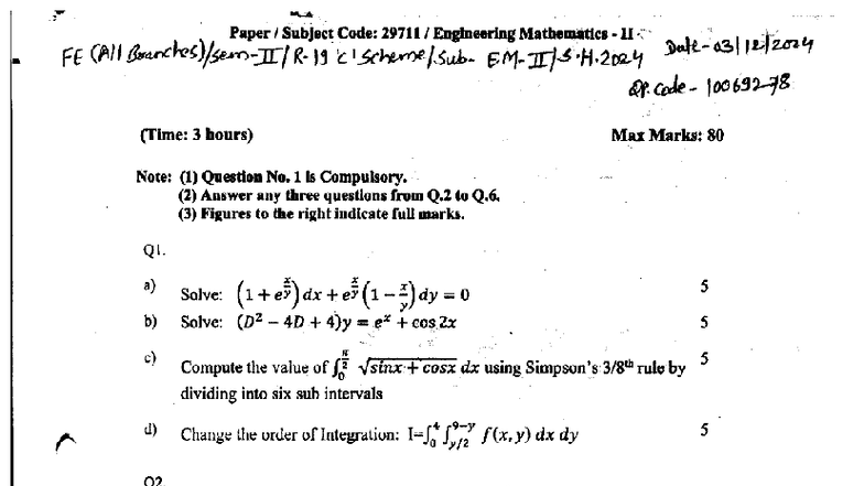 BTech 1st Year Engineering Mathematics II 29711 Dec 2024 QP - Studocu