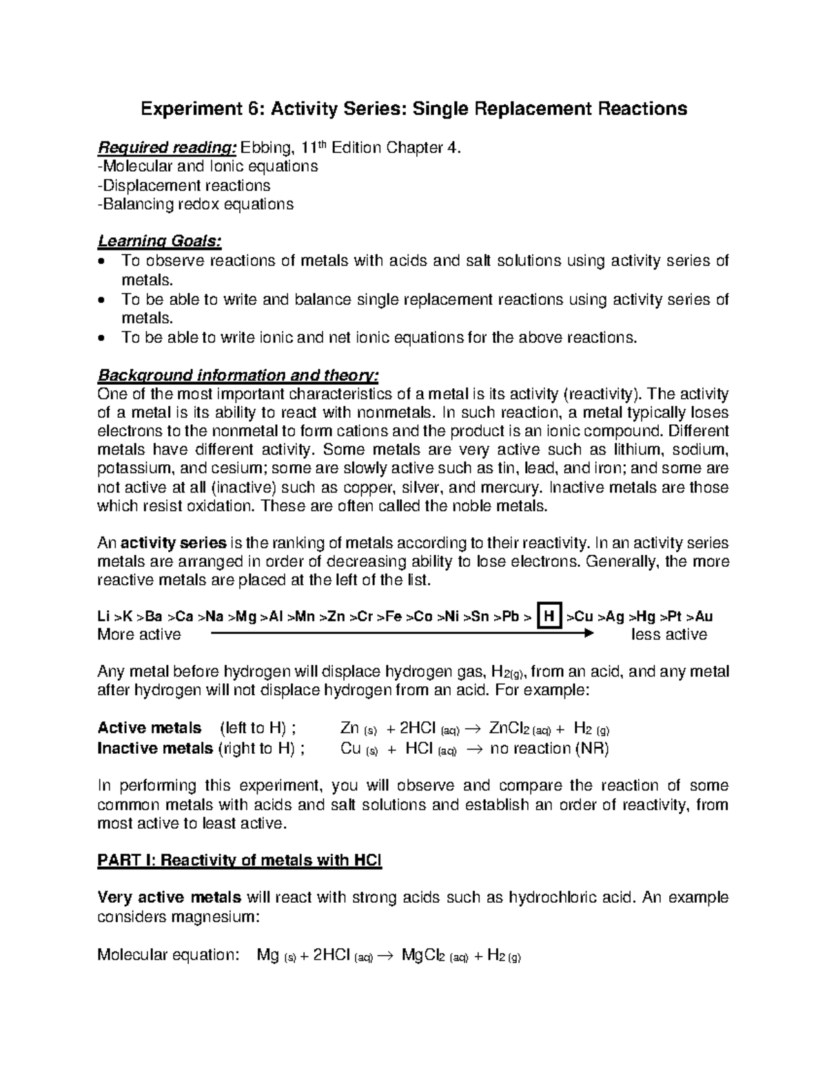 Experiment 6- Activity Series -Molecular and Ionic equations ...