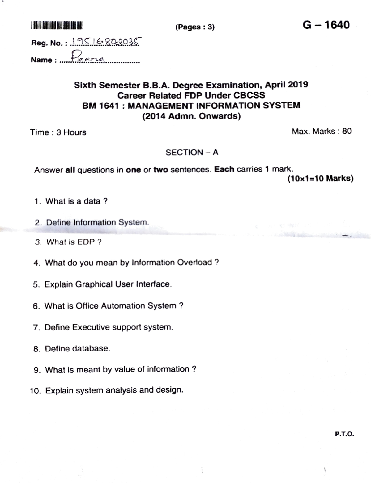 Management Information System Final Exam BM 1641 G-1640 April 2019 ...