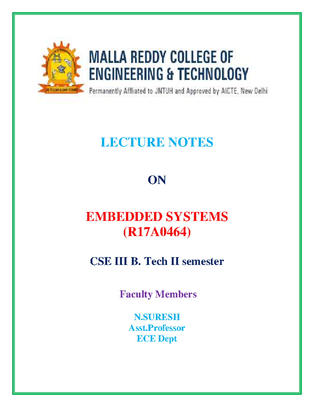 LECTURE NOTES ON EMBEDDED SYSTEMS (R17A0464) - CSE B.Tech II Sem - Studocu