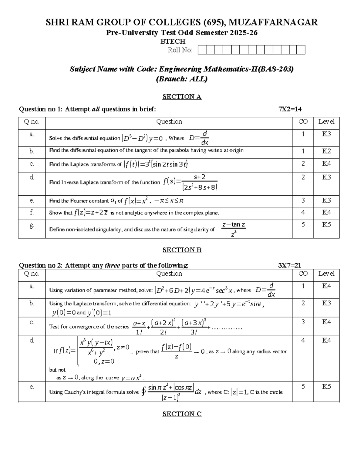 PUT- Mathematics-II (BAS-203) Odd Semester BTECH Test Notes - Studocu