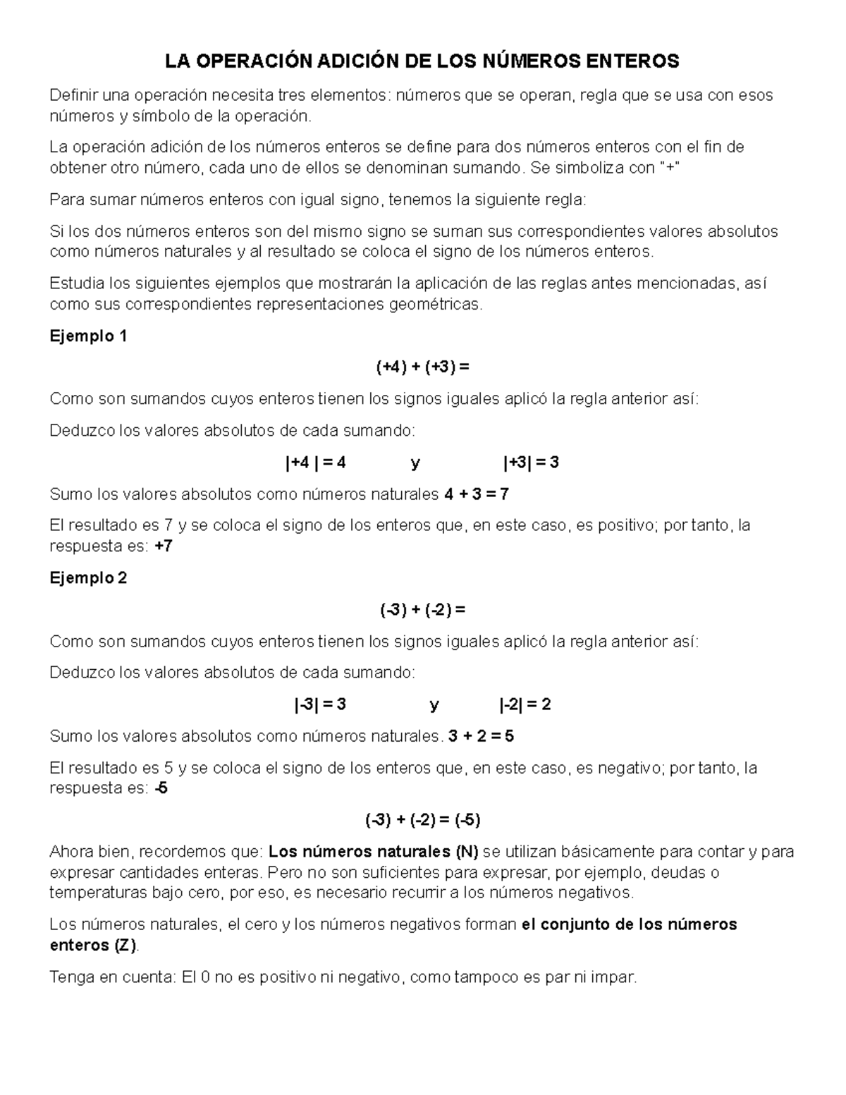 LA OPERACIÓN ADICIÓN DE NÚMEROS ENTEROS: SUMA DE IGUAL SIGNO - Studocu