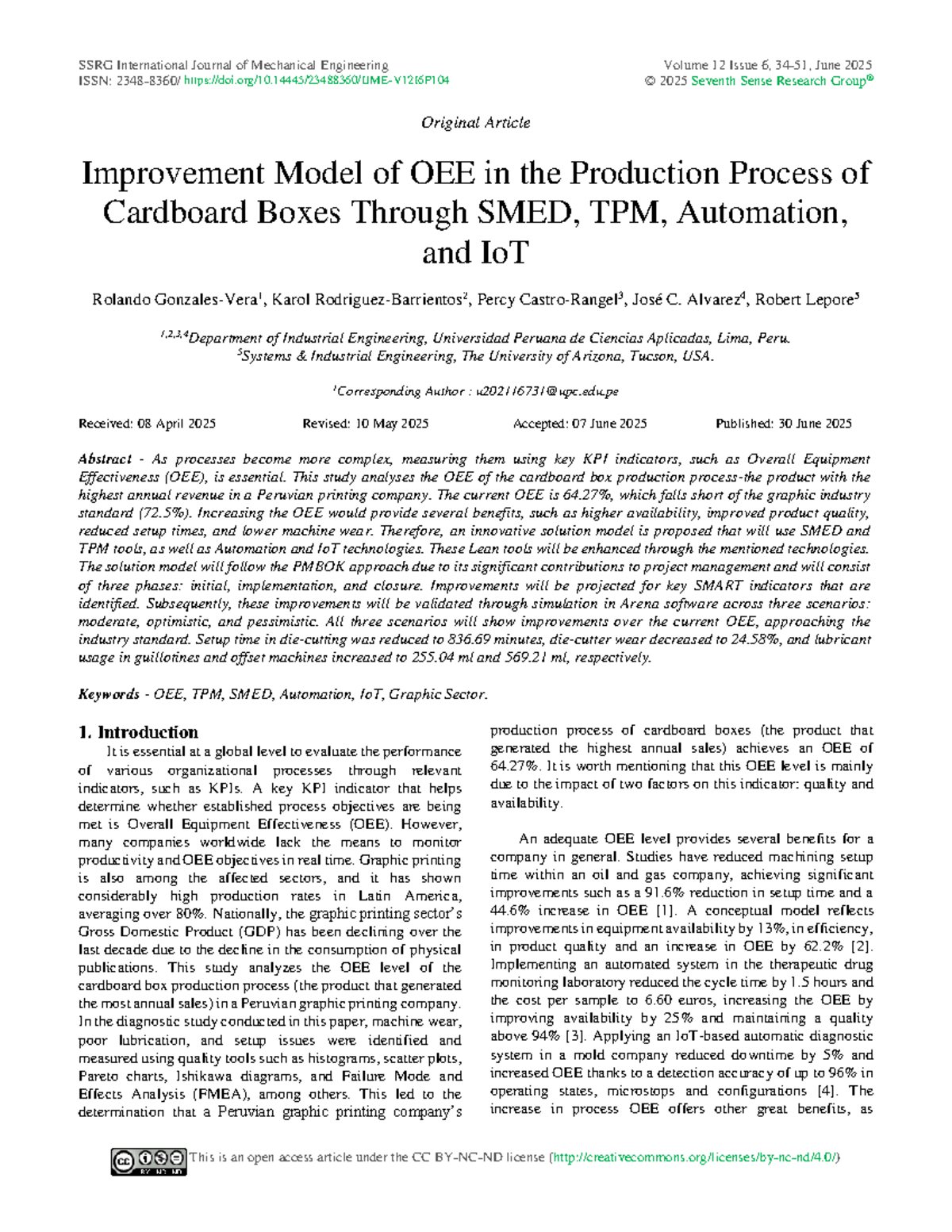 Improvement Model of OEE in Cardboard Box Production: IJME-V12I6P104 ...