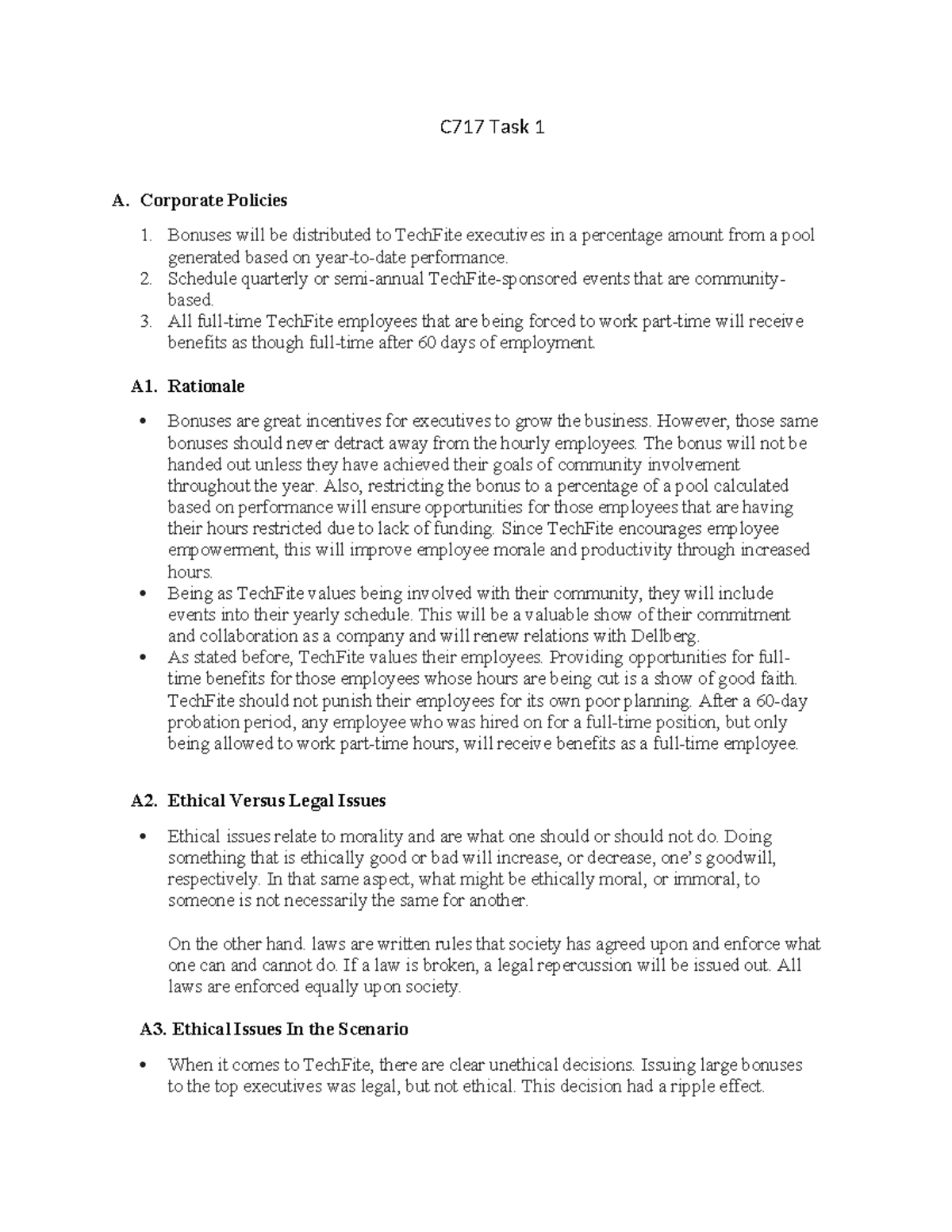 C717 Task 1 - Corporate Policies and Ethical Considerations at TechFite ...
