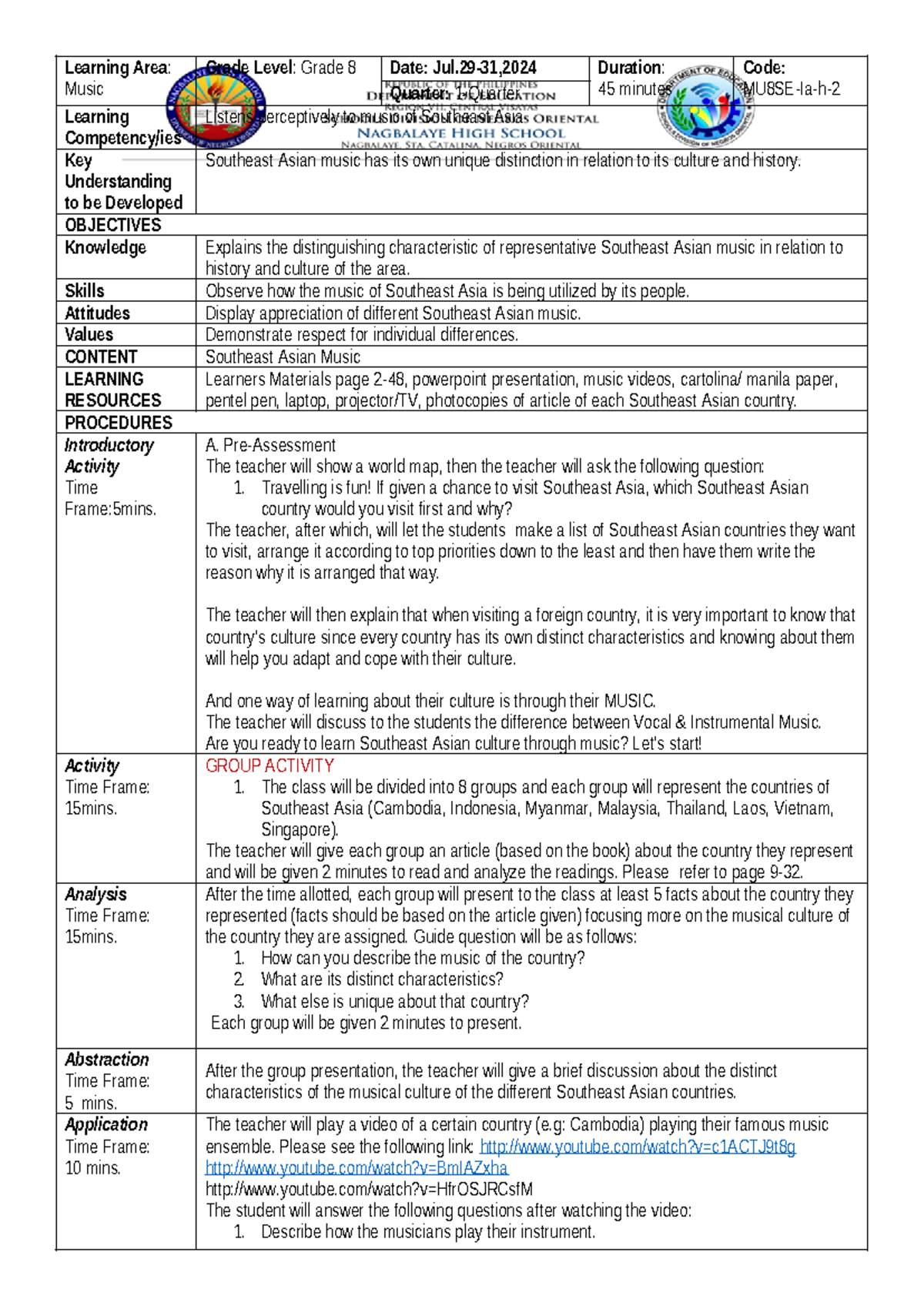 Lesson Plan on Southeast Asian Music for MAPEH 8 Q1 - DLP 1 - Studocu