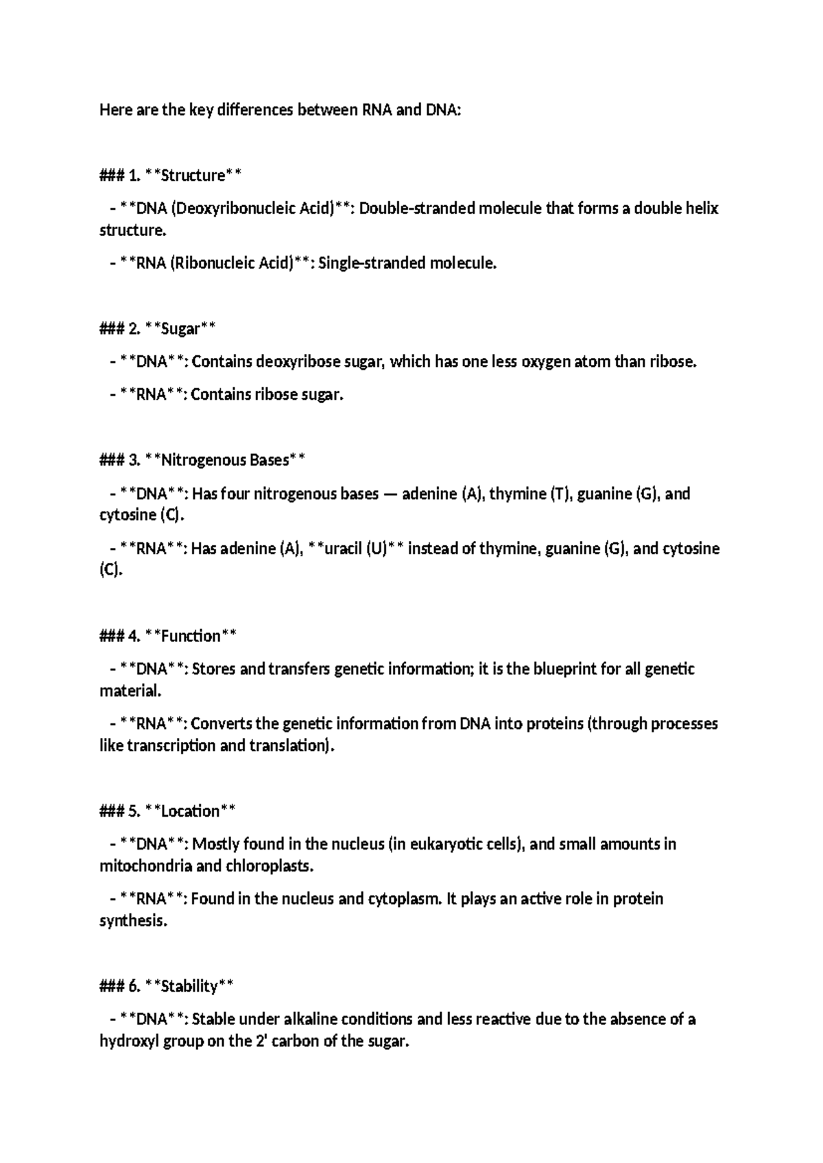 Key Differences Between RNA and DNA: A Comparative Study - Studocu