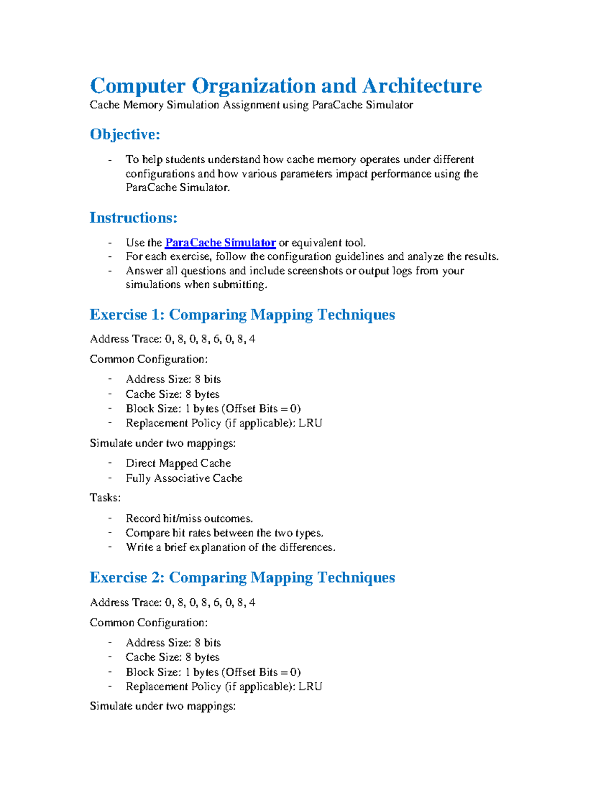 Computer Organization and Architecture - Cache Memory Simulation Assignment - Studocu