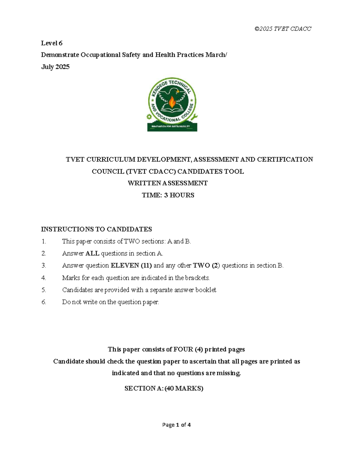 TVET CDACC Level 6 OSH Practices Past Paper July 2025 - Studocu