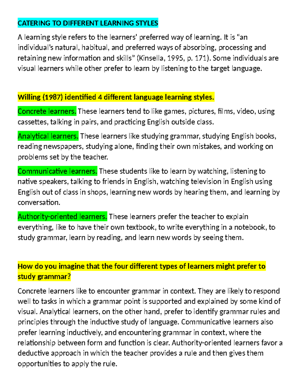 Catering to Different Learning Styles: A Comprehensive Overview - Studocu