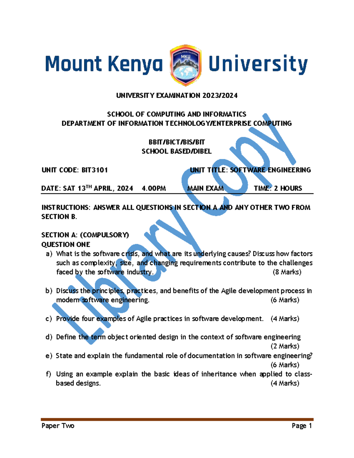 BIT3101 Software Engineering Final Exam Questions and Guidelines - Studocu