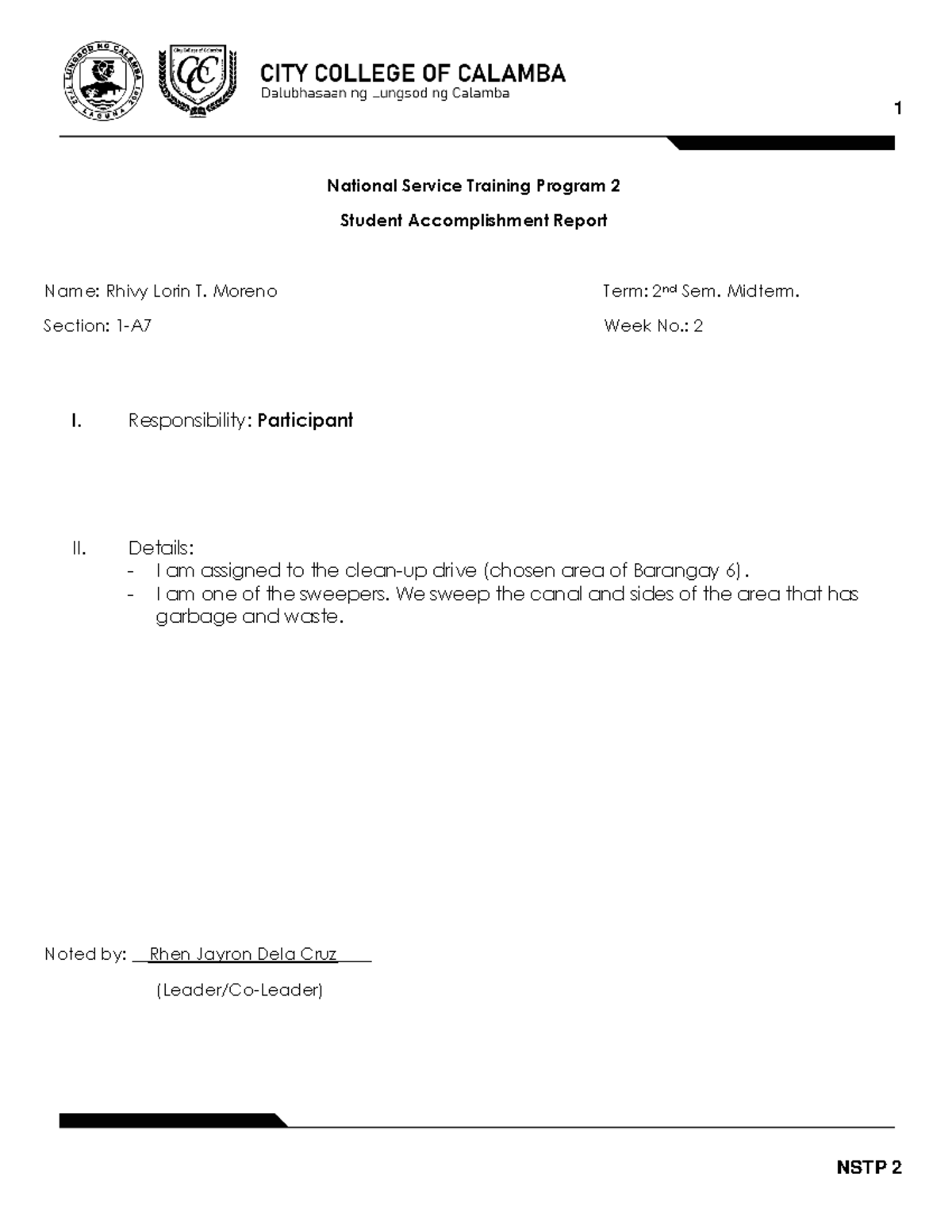 Student Accomplishment Report Week2 - National Service Training Program 2 Student Accomplishment ...