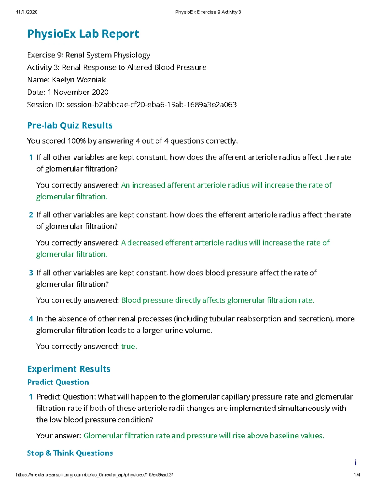 Physio Ex Exercise 9 Activity 1 - PhysioEx Lab Report Exercise 9: Renal ...