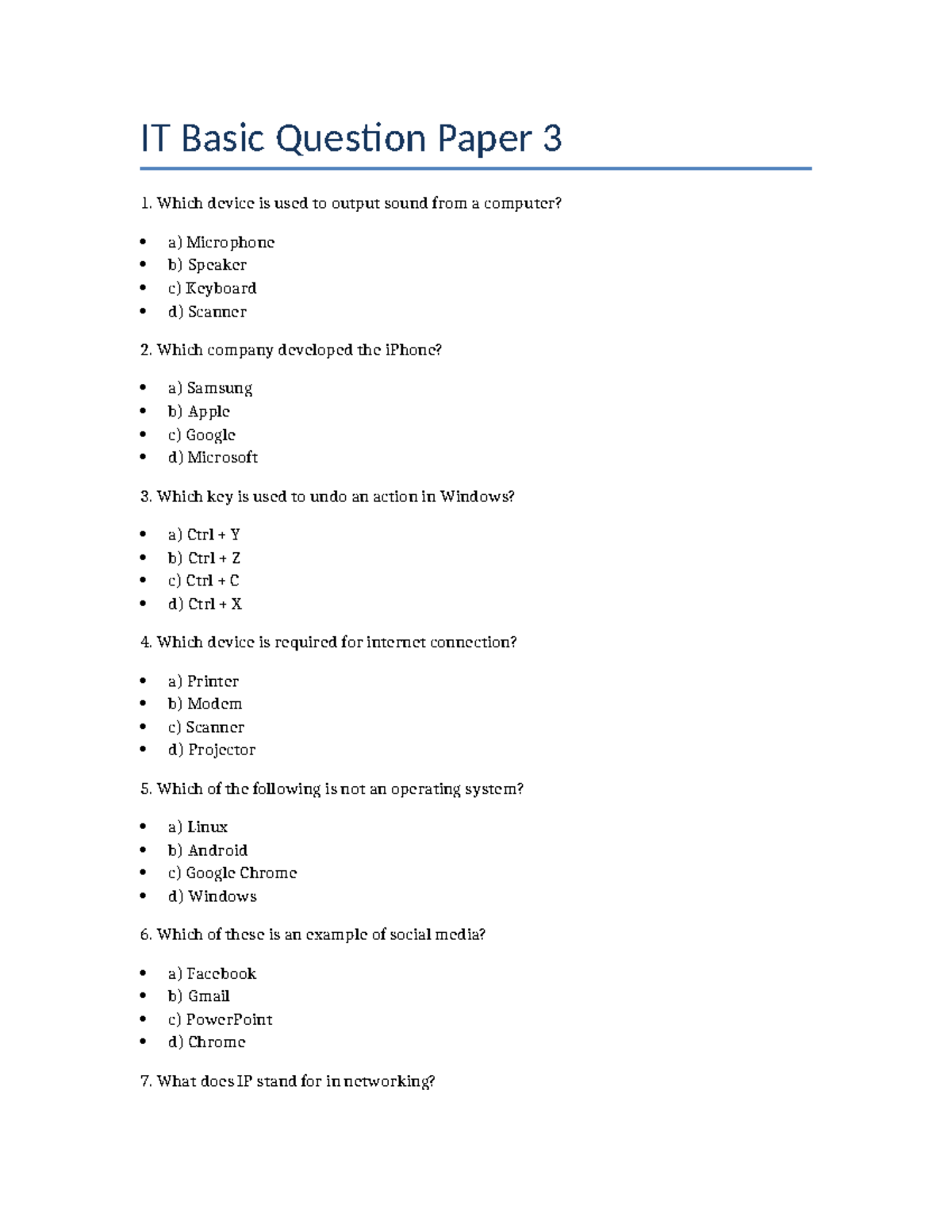 IT Basic Quiz Paper 3: Essential Computer Knowledge Questions - Studocu