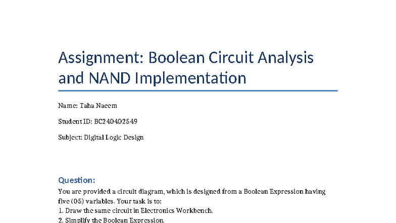 Boolean Circuit Assignment: NAND Implementation in Digital Logic Design - Studocu