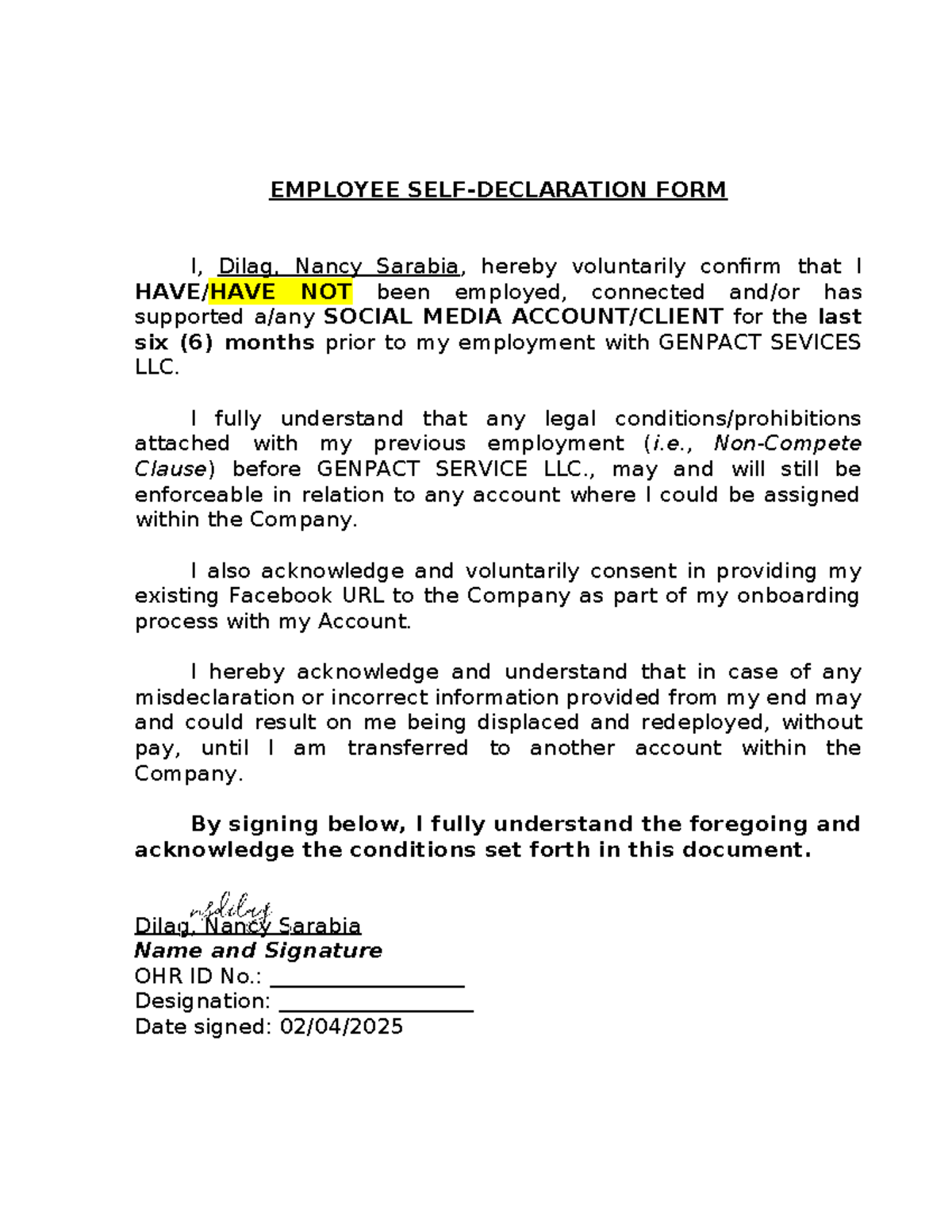 Updated Self-Declaration Form - EMPLOYEE SELF-DECLARATION FORM I, Dilag ...