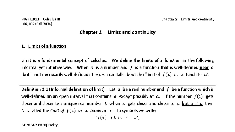 MATH1013 Calculus IB L06, L07 (Fall 2024) Chapter 2: Limits ...