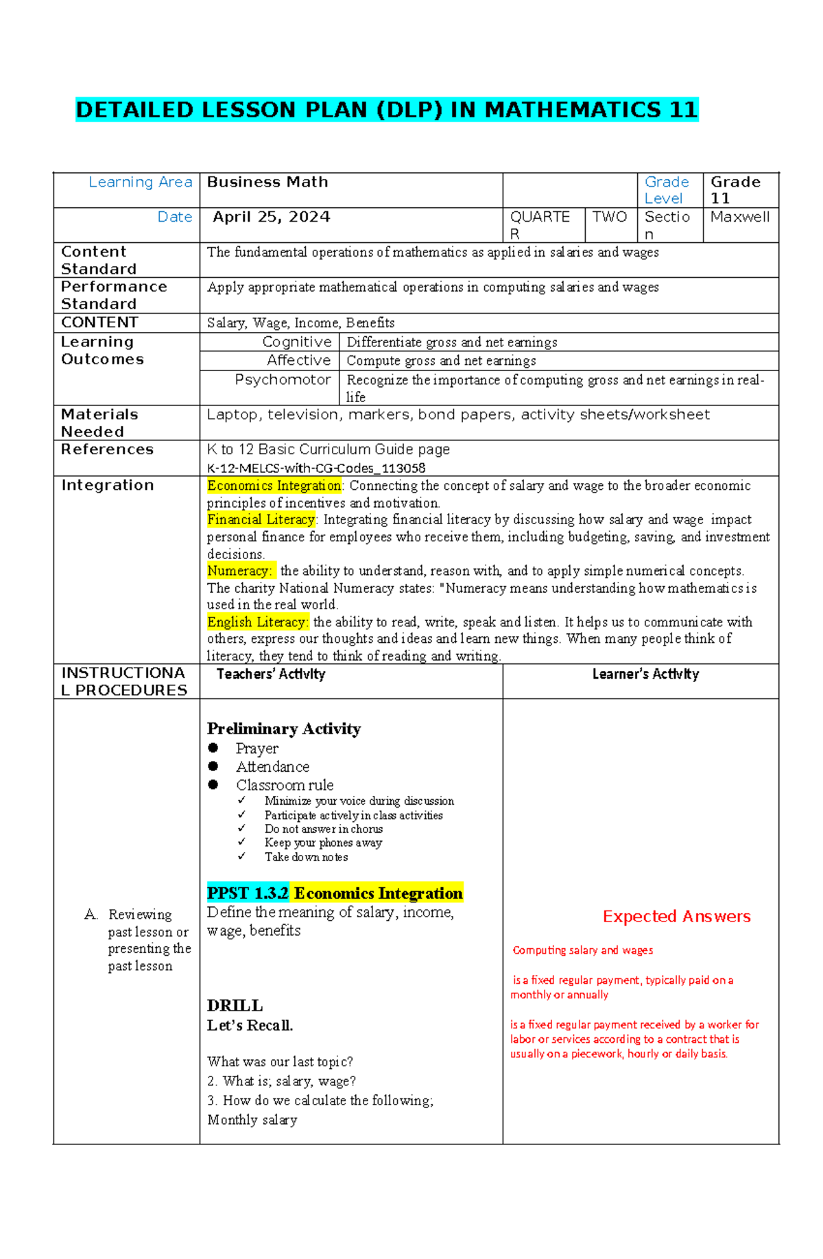 DLP: Gross and Net Earnings Lesson Plan for Math 11 - Studocu