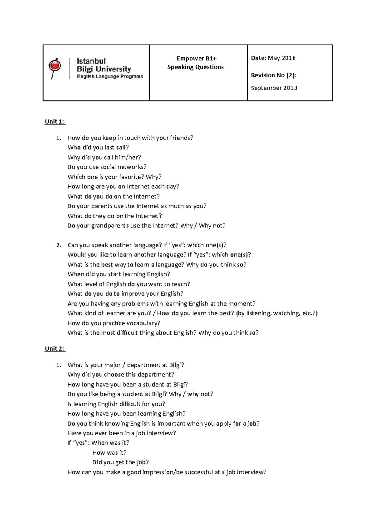 Empower B1+ Final Exam Speaking Practice Questions Units 1-2-6-9 - Studocu