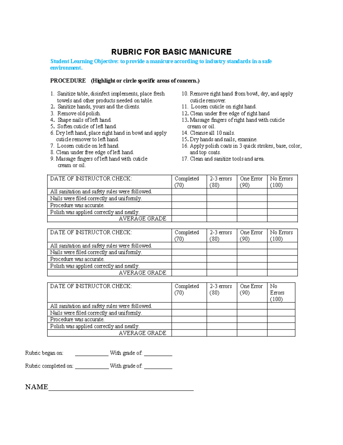 Basic Manicure & Hand/Arm Massage Rubrics (2016) - Studocu