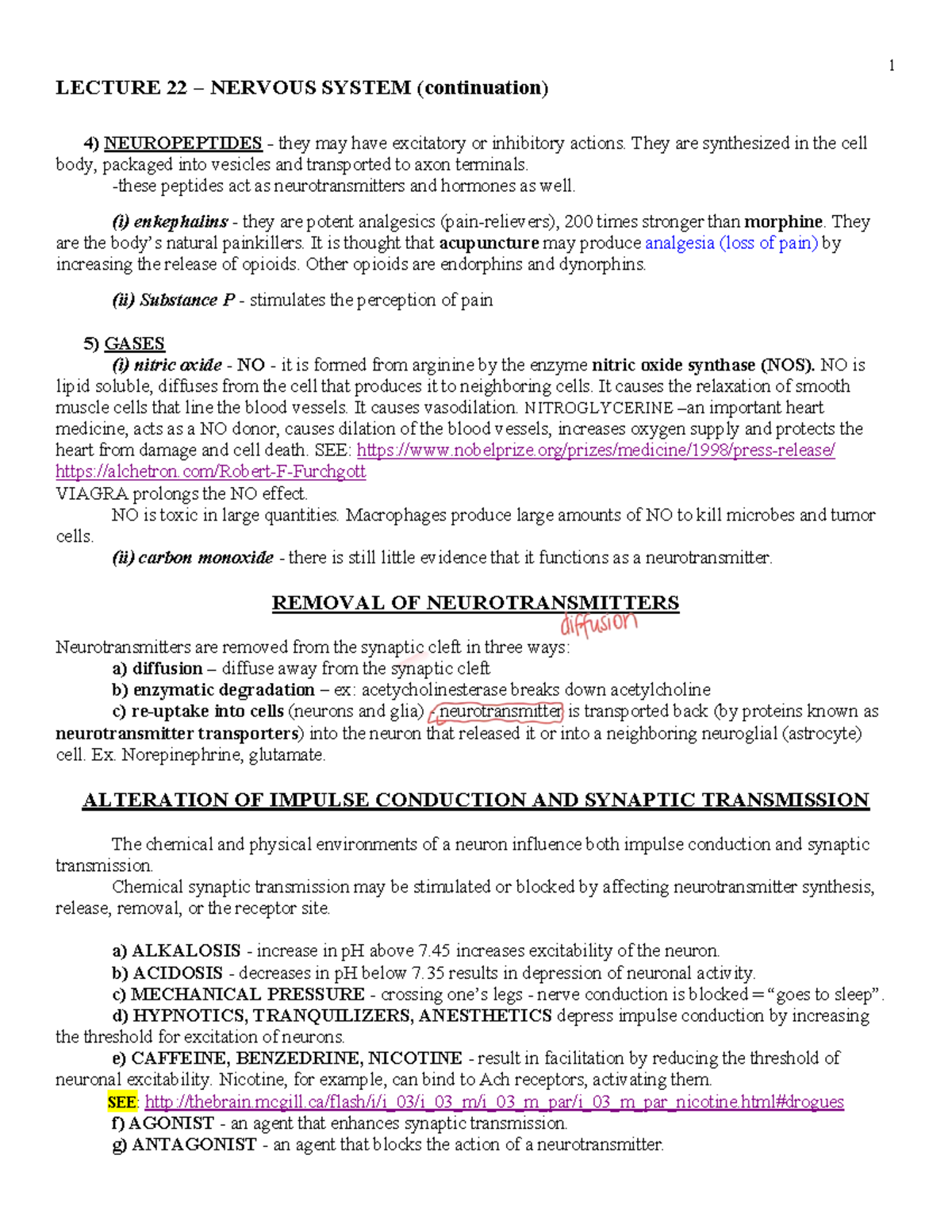 22F25 - Lecture 22: Neurotransmitters and Nervous System Functions ...