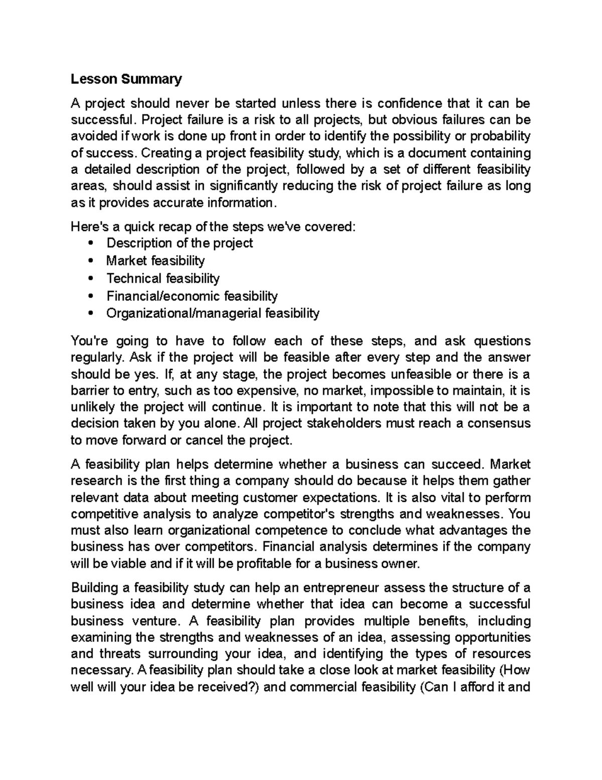 entrep - Feasibility Plan - Lesson Summary A project should never be ...