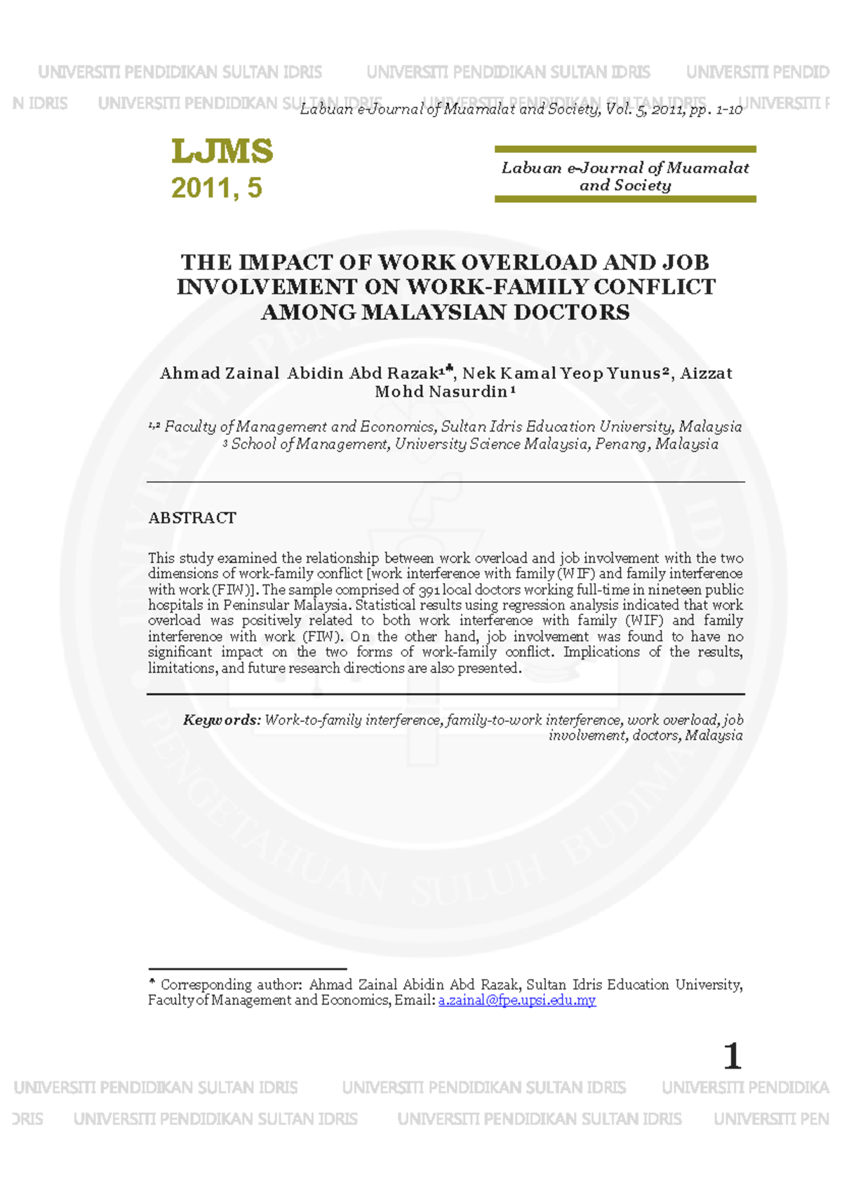 LJMS 2011, Vol. 5: Work Overload & Conflict Among Malaysian Doctors ...