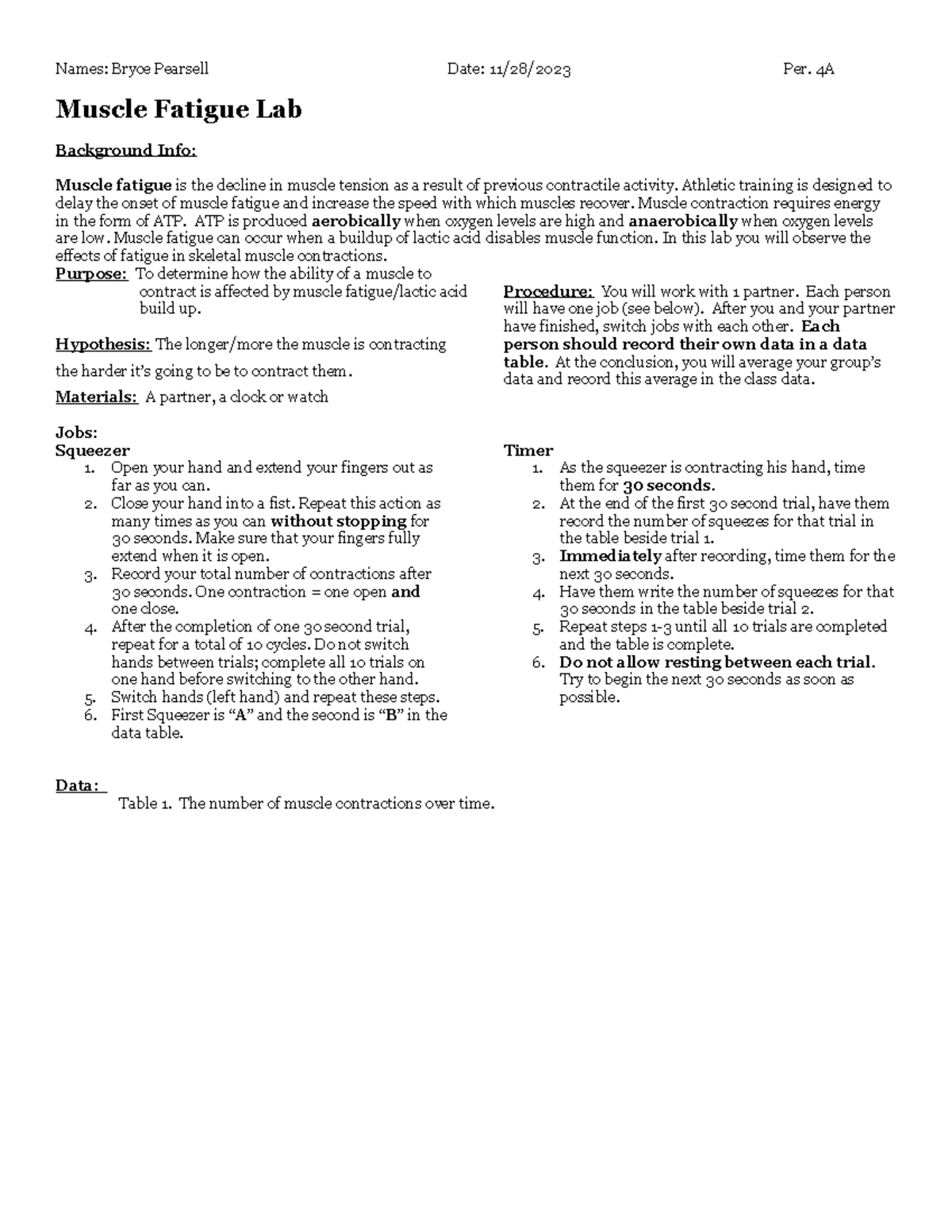 Muscle Fatigue Lab 3: Effects of Lactic Acid on Muscle Contractions ...