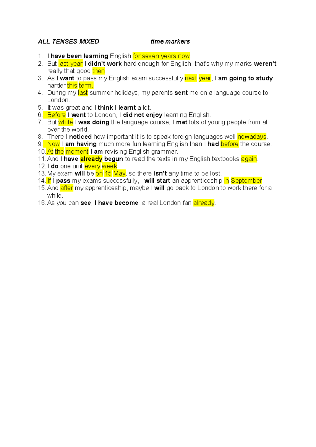 ALL Tenses Mixed Exercises with Time Markers for English Usage ...