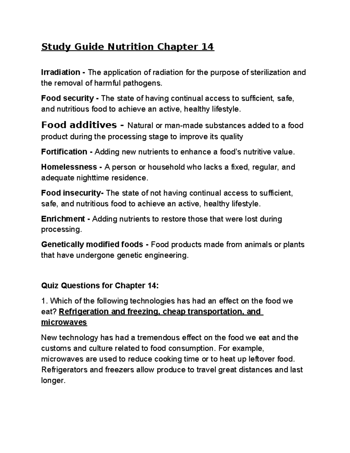 Study Guide: Nutrition Chapter 14 - Food Security, Additives, and ...