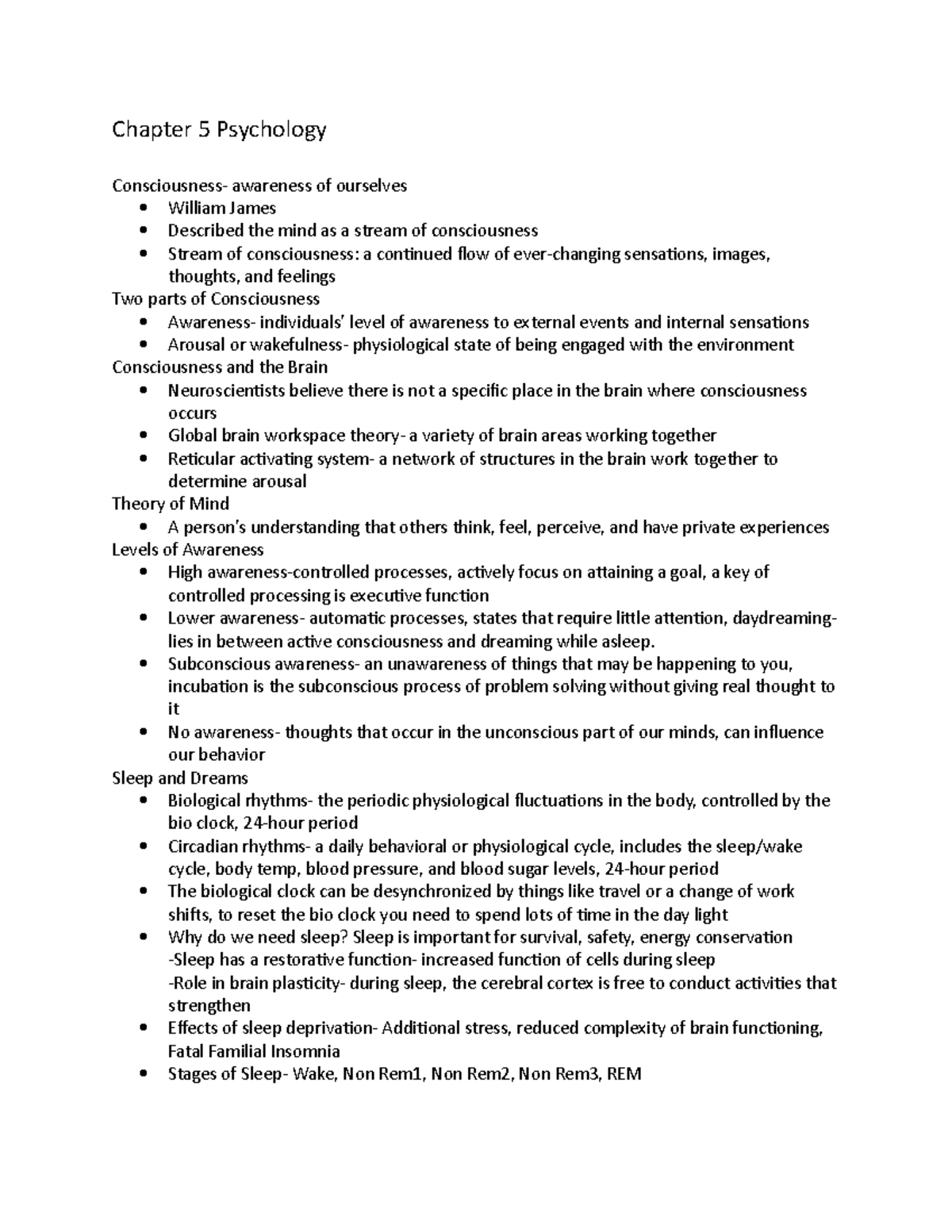 Chapter 5 Psychology - Consciousness & Sleep Notes - Studocu