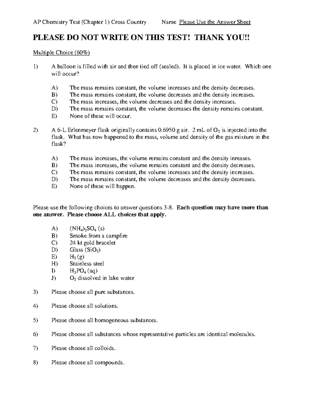 AP Chem Test Chapter 1 (2013-2014) Multiple Choice Questions - Studocu