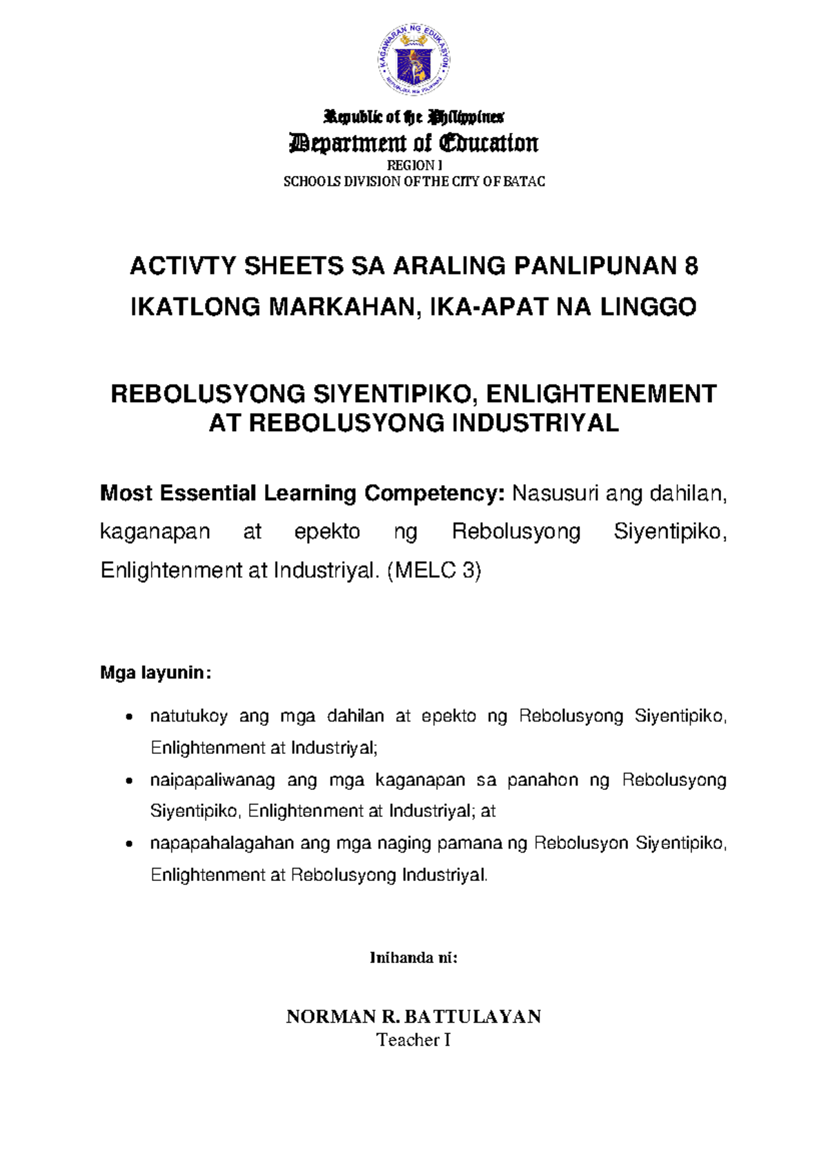 AP10 AS Q3 Wk4 Rebolusyong Siyentipiko Enlightenment Industriyal Norman ...