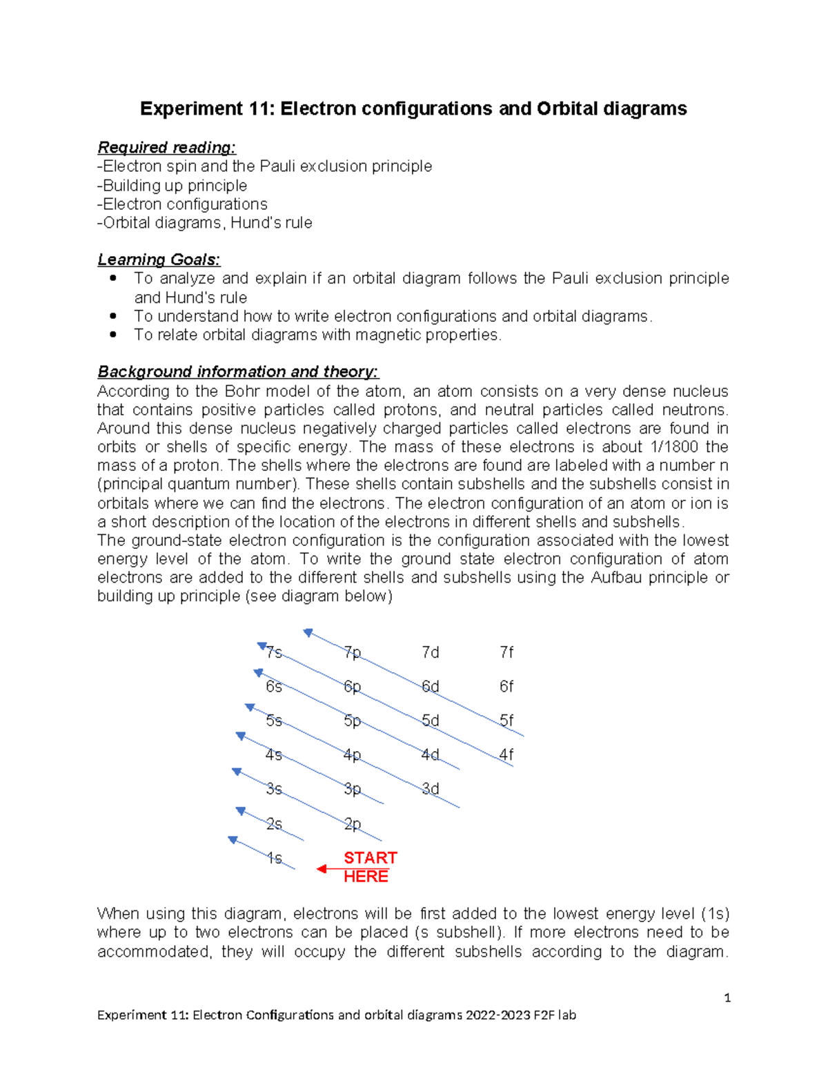 Experiment 11: Electron Configurations & Orbital Diagrams F2F Fall 2022 ...