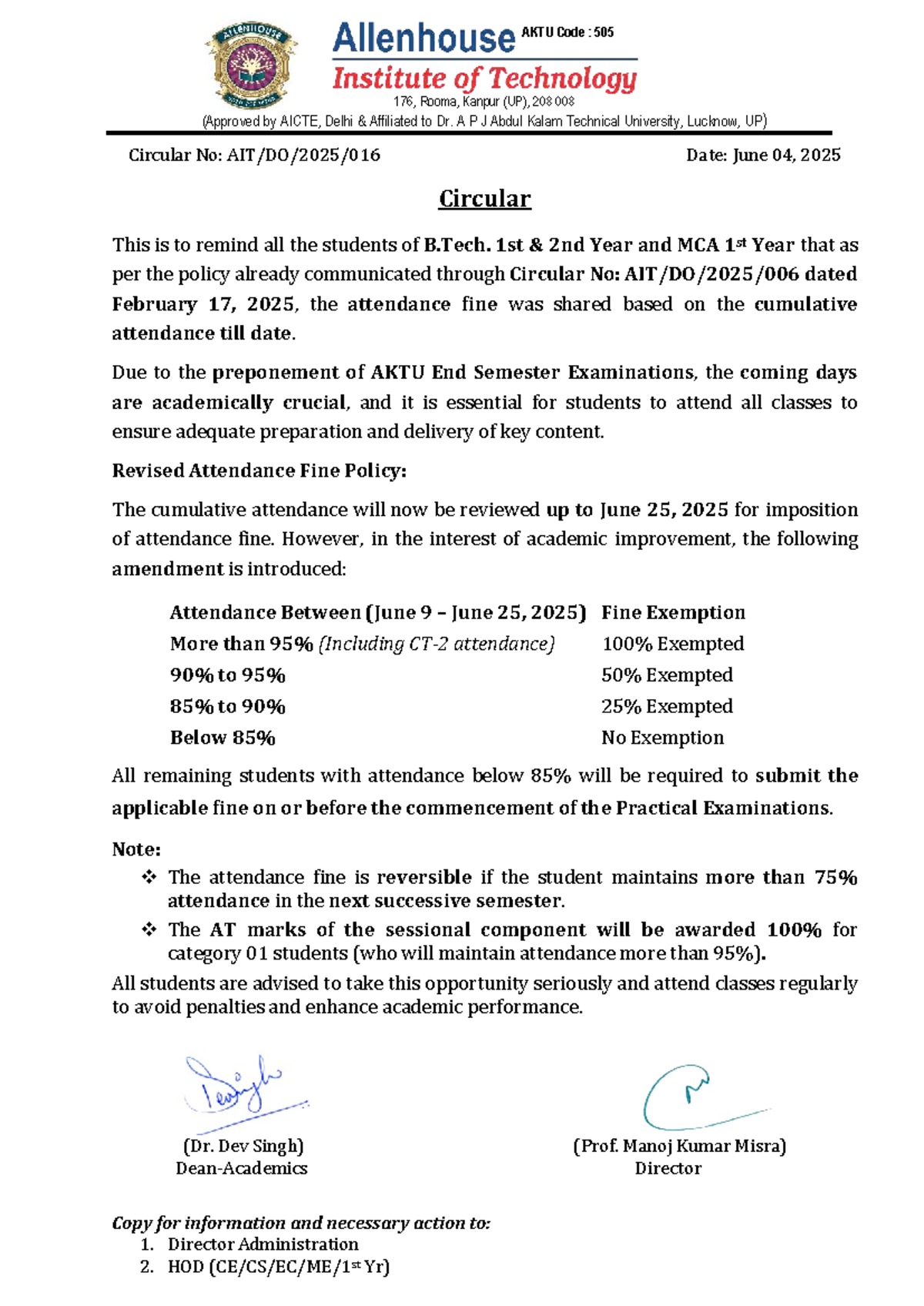 Circular on Attendance Fine Policy for B.Tech 1st & 2nd Year Students ...