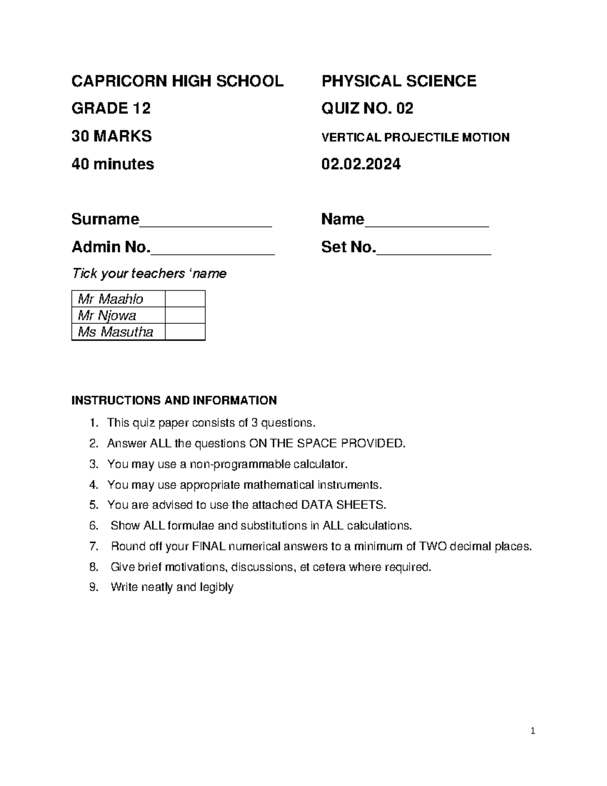 Quiz 2 VPM-1: Grade 12 Vertical Projectile Motion Assessment - Studocu