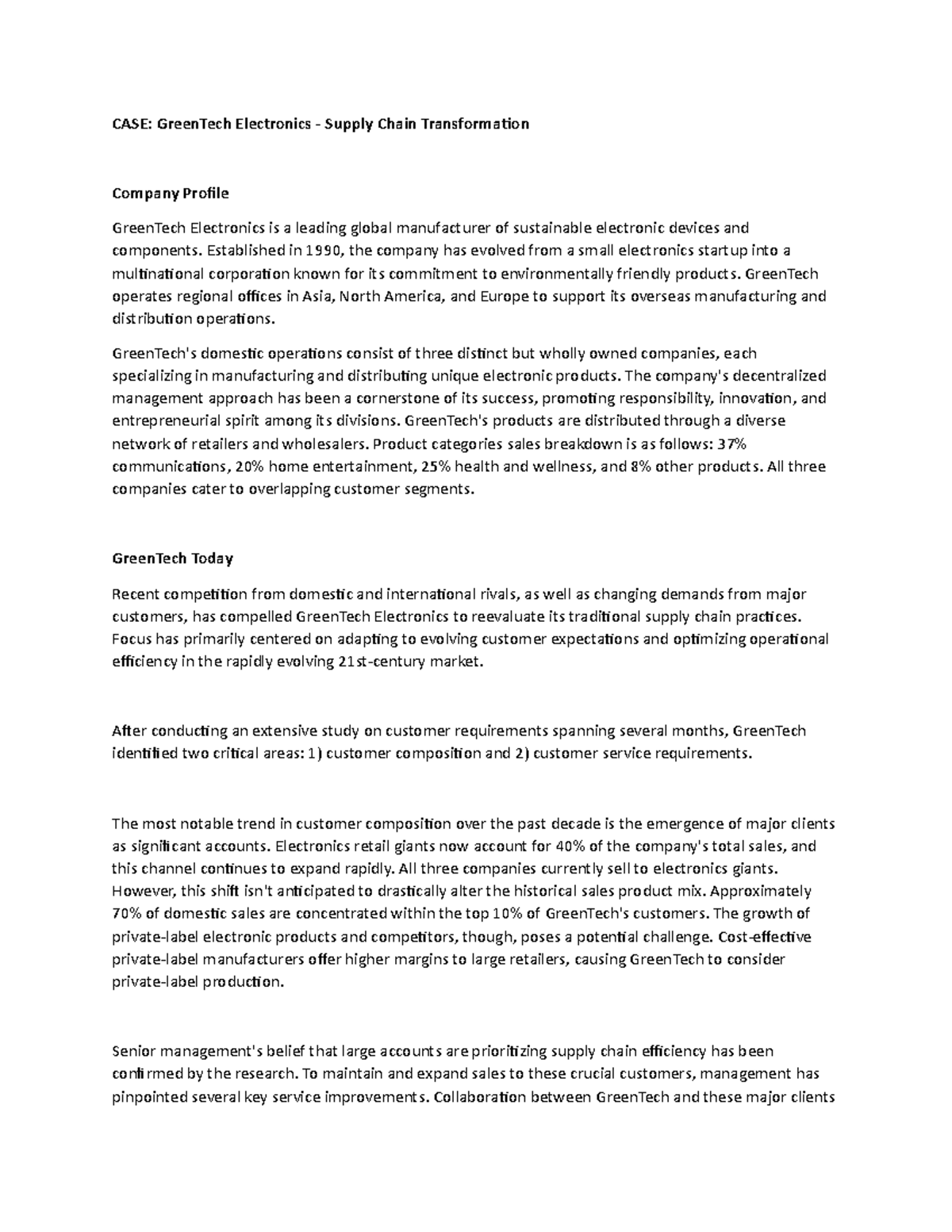 Assignment 2: GreenTech Electronics Supply Chain Case Study - Studocu