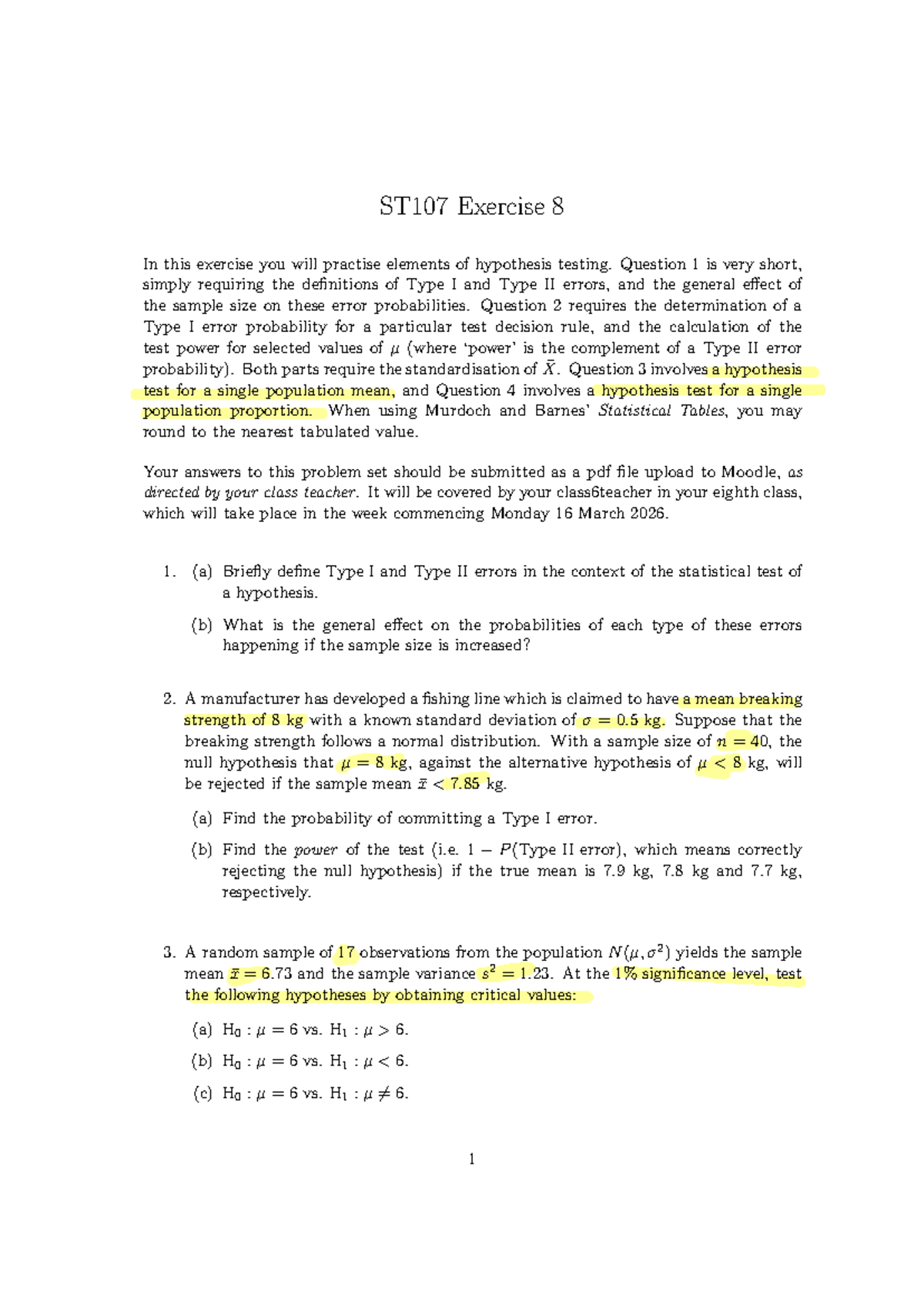 ST107 Hypothesis Testing Exercise 8: Type I & II Errors Analysis - Studocu