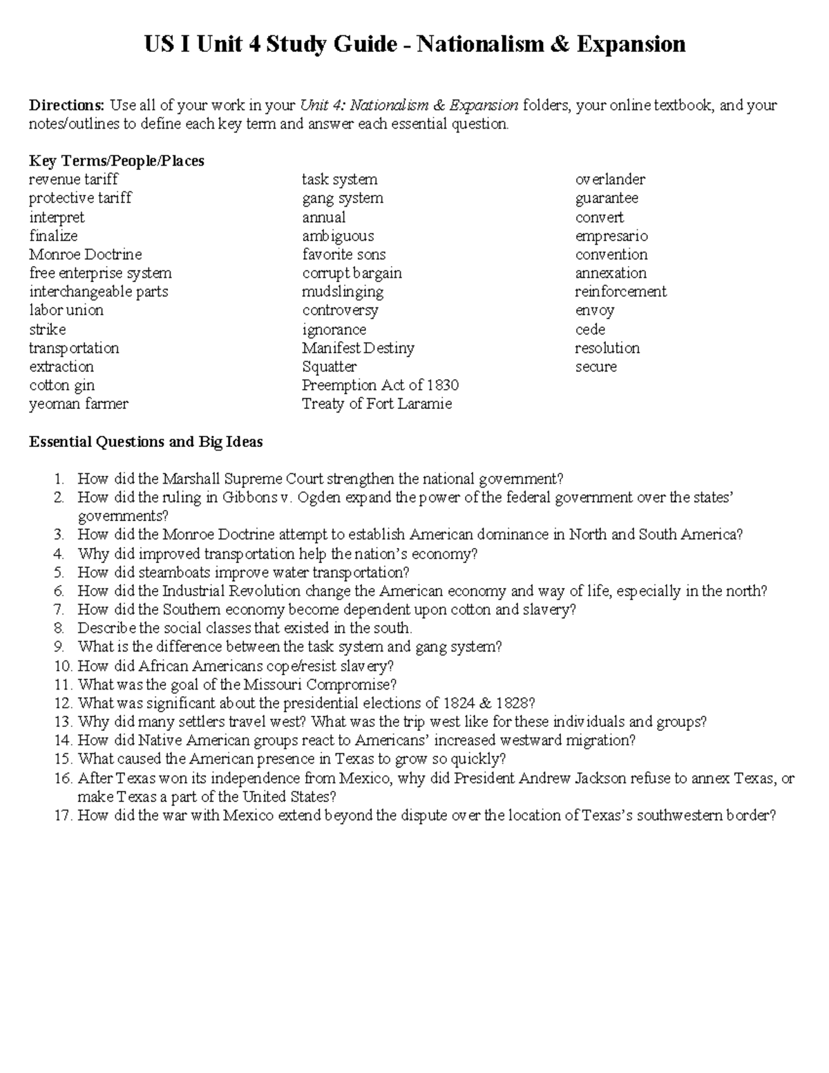 US I Unit 4 Study Guide: Nationalism & Expansion Insights - Studocu