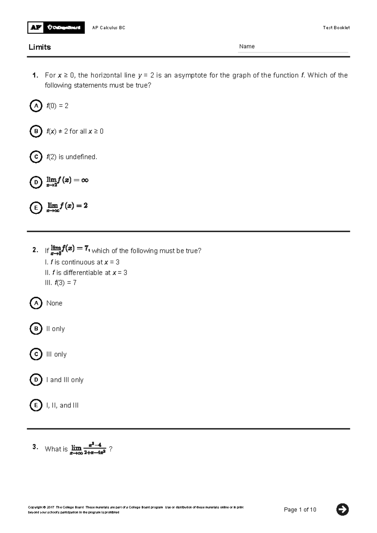 AP Calculus BC Limits Test Booklet - APCR Math HW - Studocu